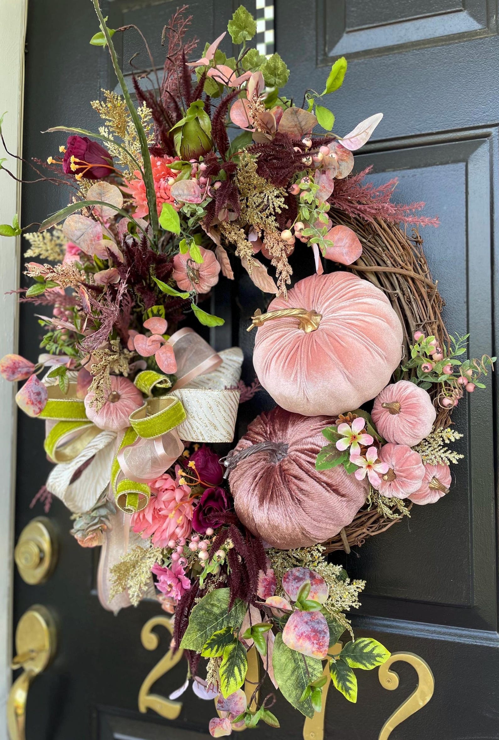 Elegant Fall Pink and Mauve Velvet Pumpkin Wreath, Autumn Wreath, Fall ...