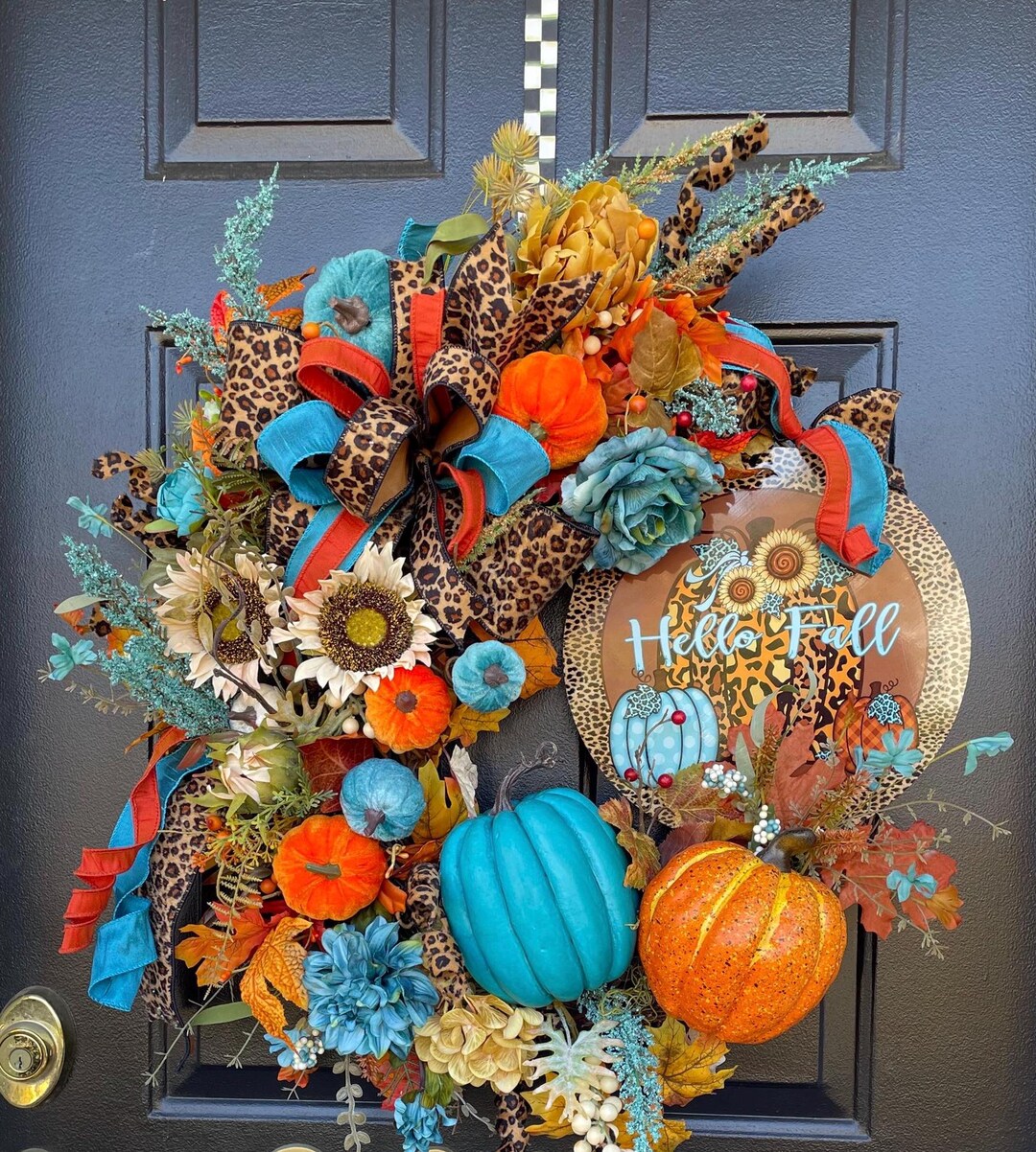 Rustic Fall Wreath With Teal Pumpkins, Cream Sunflowers, & “hello Fall ...