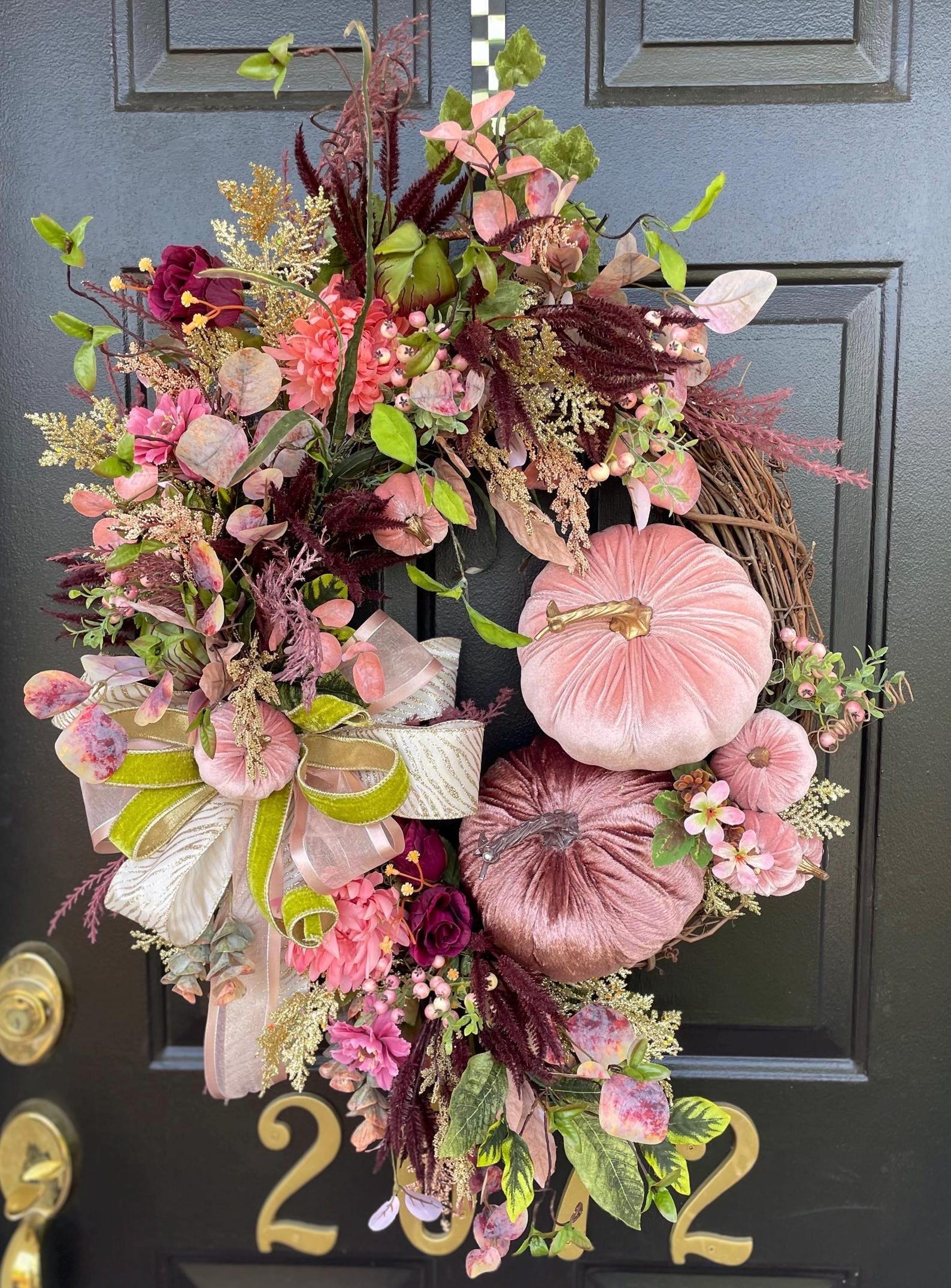 Elegant Fall Pink and Mauve Velvet Pumpkin Wreath, Autumn Wreath, Fall ...