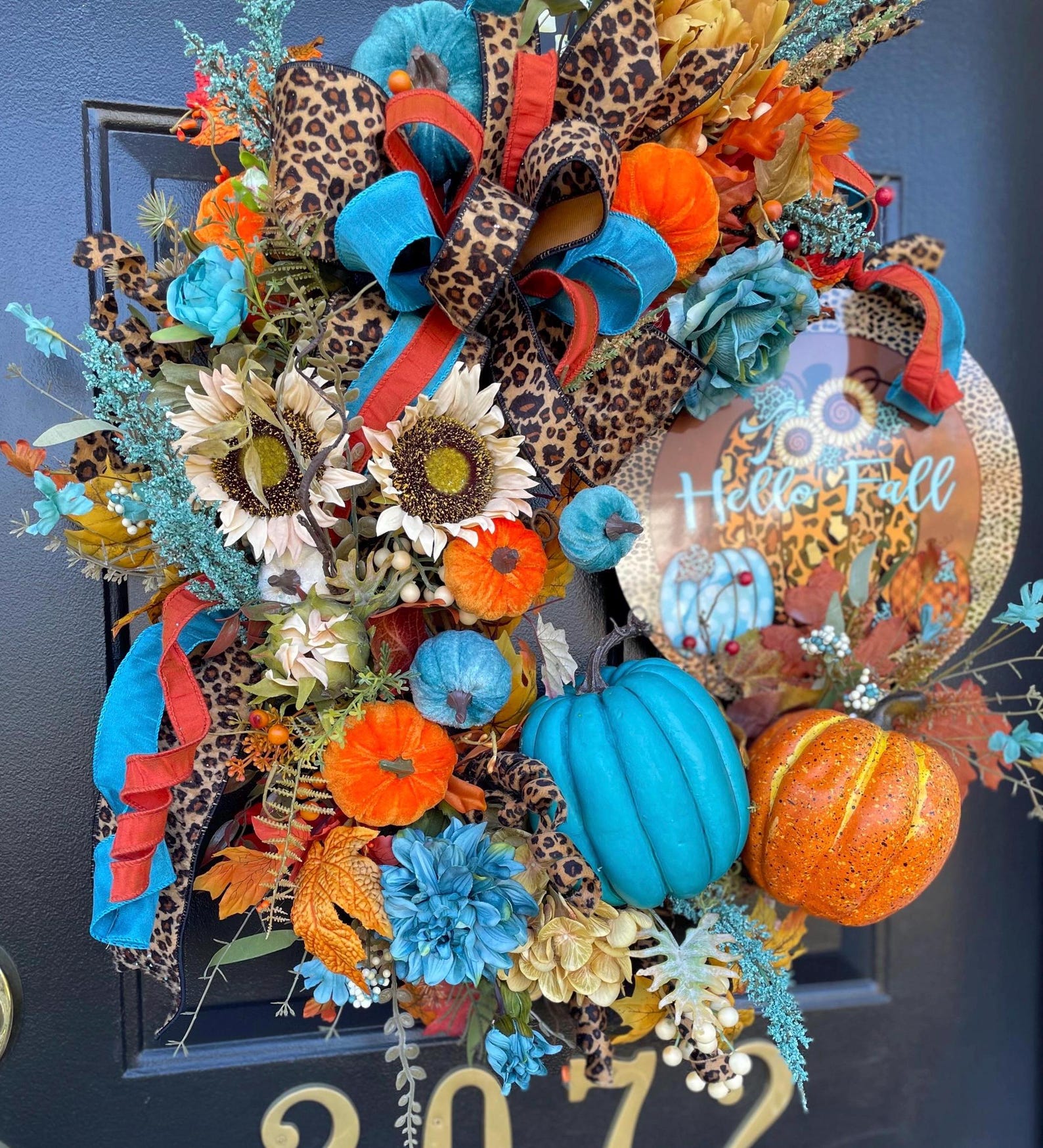 Rustic Fall Wreath: Teal Pumpkins, Sunflowers & Leopard Print - Etsy