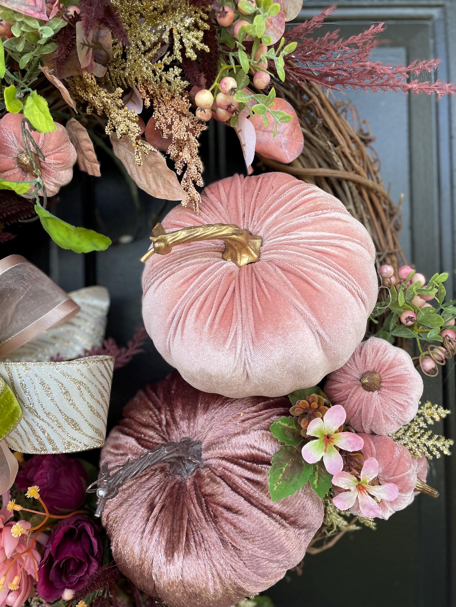 Elegant Fall Pink and Mauve Velvet Pumpkin Wreath, Autumn Wreath, Fall ...