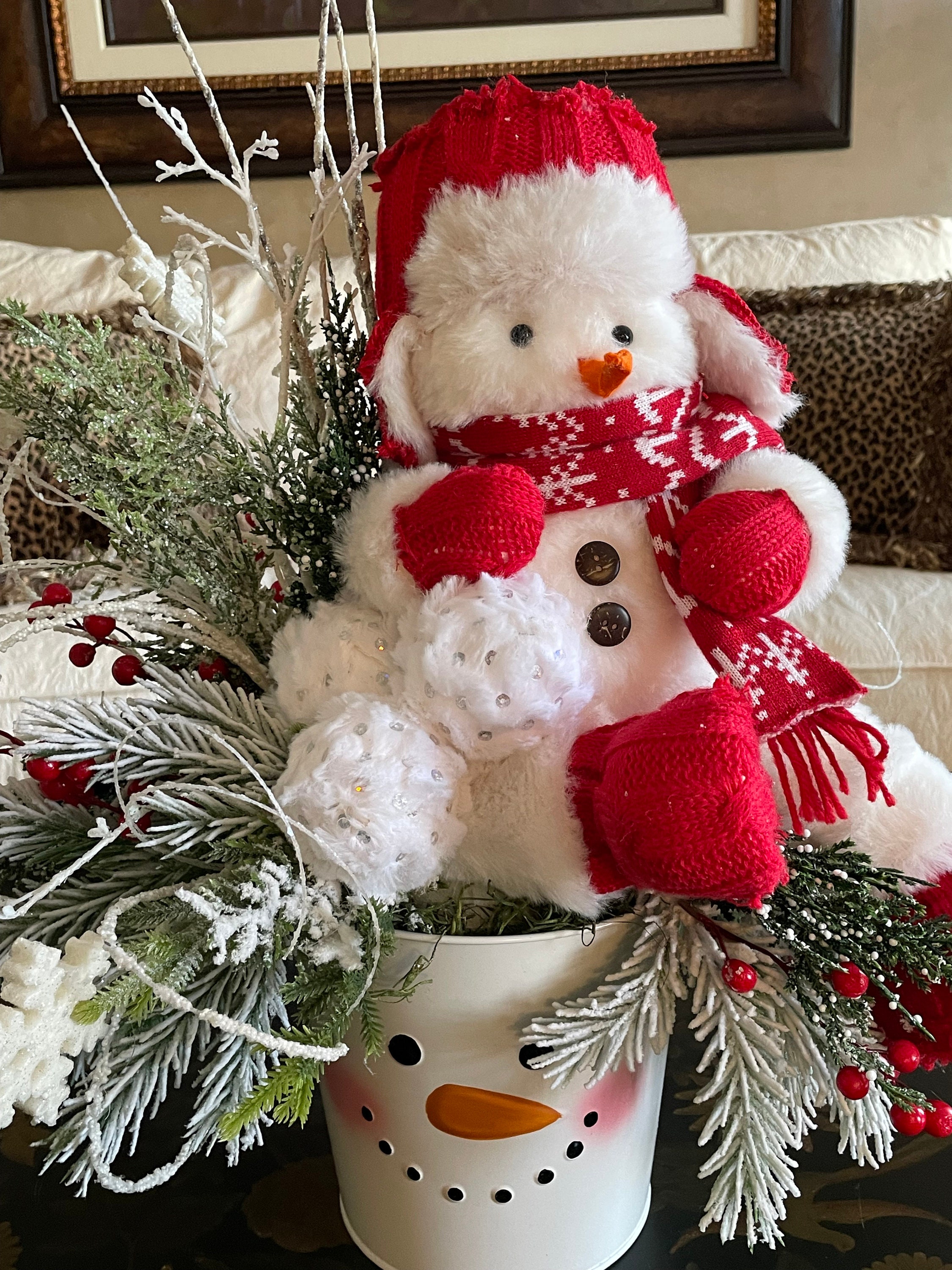 Chillin Wintery Snowman Bucket Arrangement With Bundled Snowboy Wearing ...