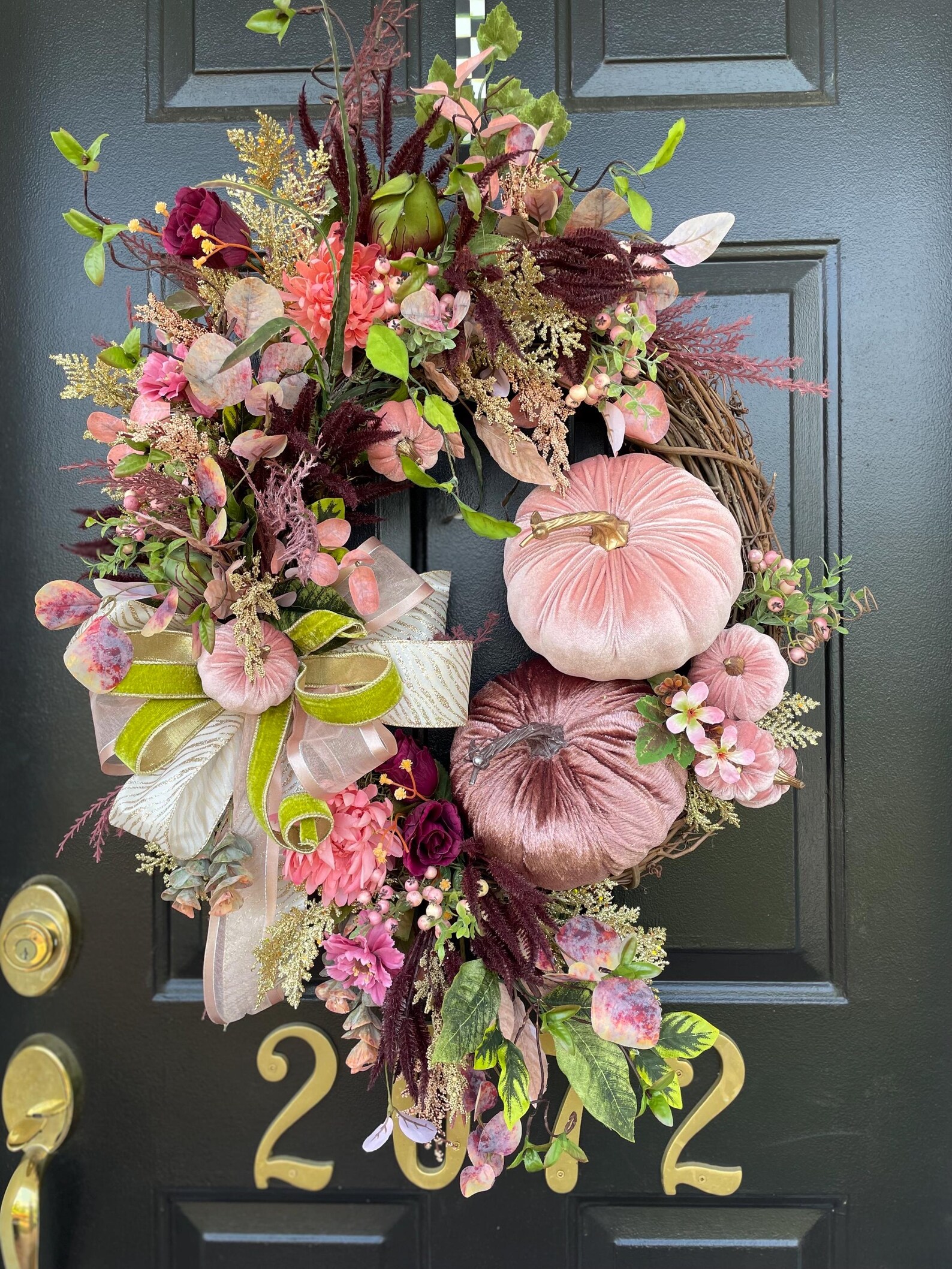 Elegant Fall Pink and Mauve Velvet Pumpkin Wreath, Autumn Wreath, Fall ...