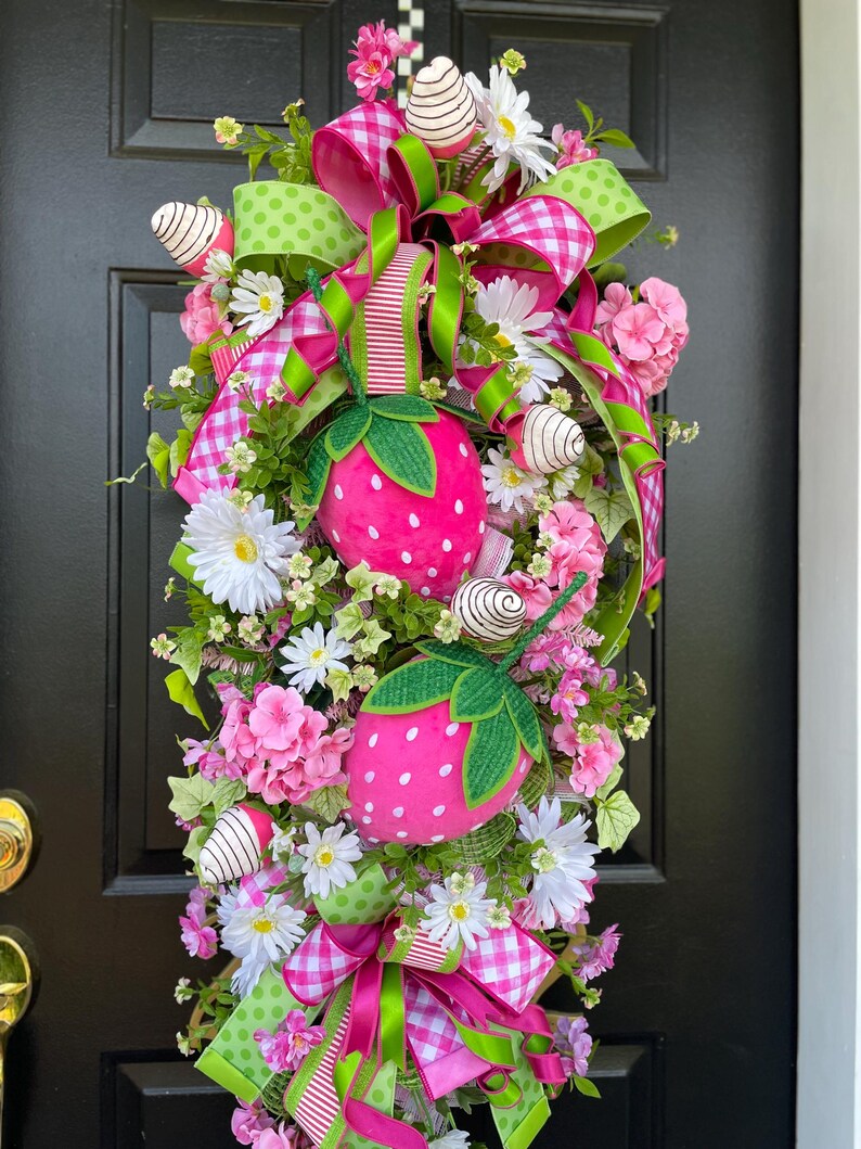 Luxury Strawberry Door Swag, Summer Front Door Decor, Pink Green Wreath ...