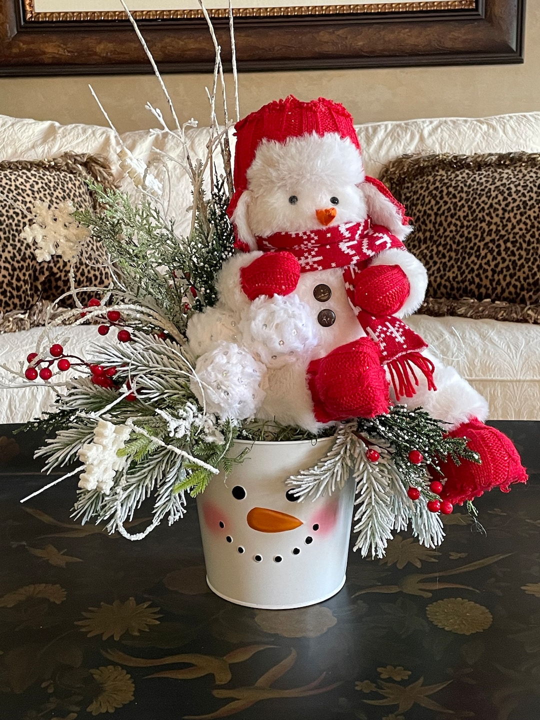 Chillin Wintery Snowman Bucket Arrangement With Bundled Snowboy Wearing ...