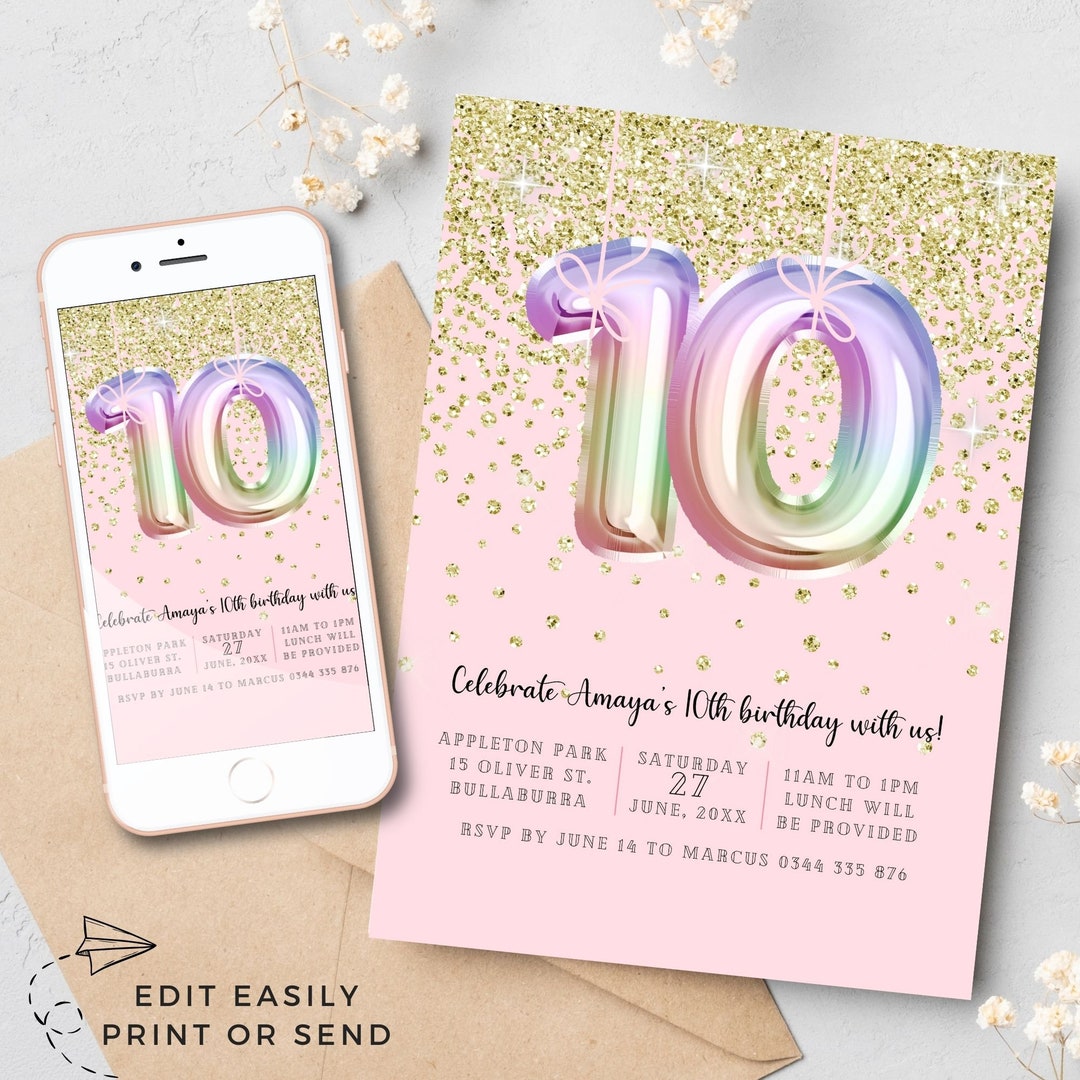 Girls 10th Birthday Invitation Template Glitter Party Invite Rainbow ...