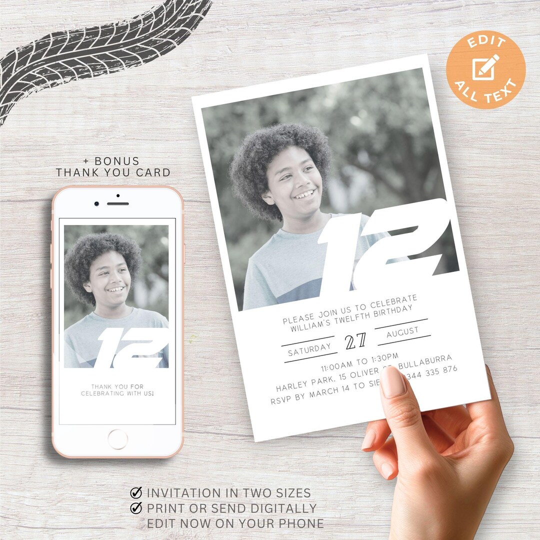 Boys 12th Birthday Invitation Photo Twelfth Bday Custom Template Party ...