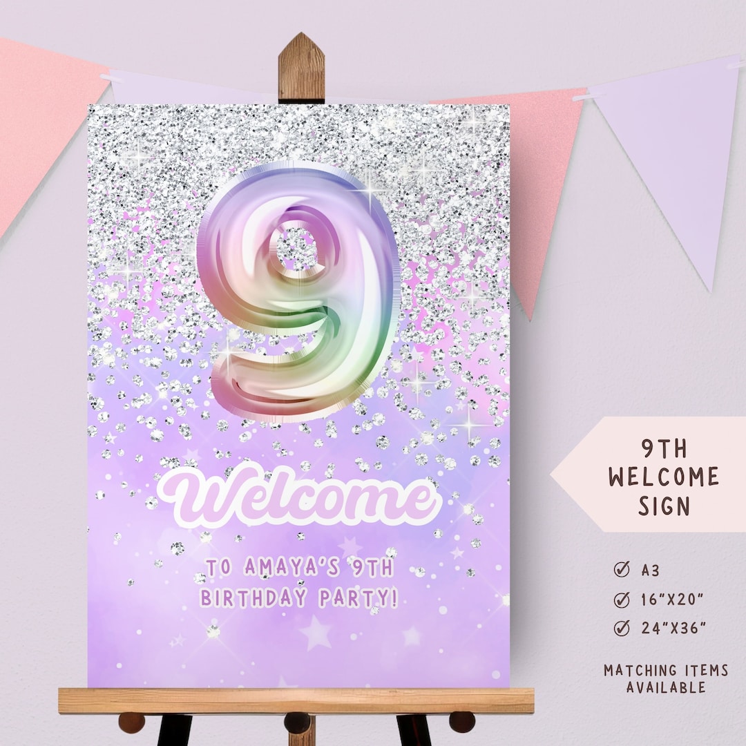 Welcome Poster 9th Birthday Party. Purple With Silver Glitter Sign ...