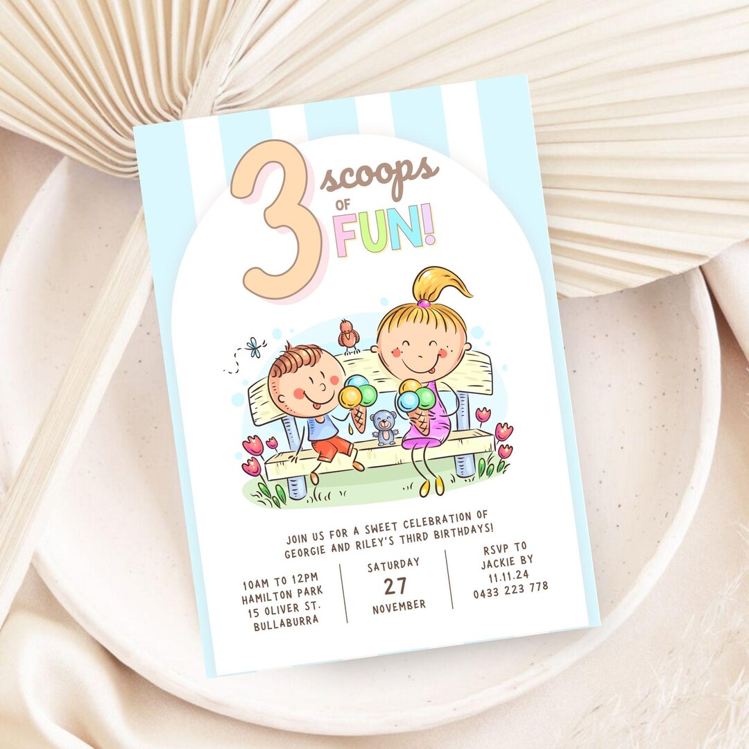 Three Scoops of Fun Invite Editable Ice Cream 3rd Birthday Invitation ...