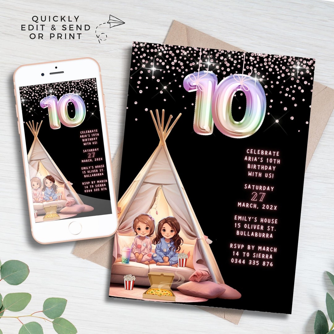 Girls 10th Birthday Invitation Template Glitter Party Invite Rainbow ...