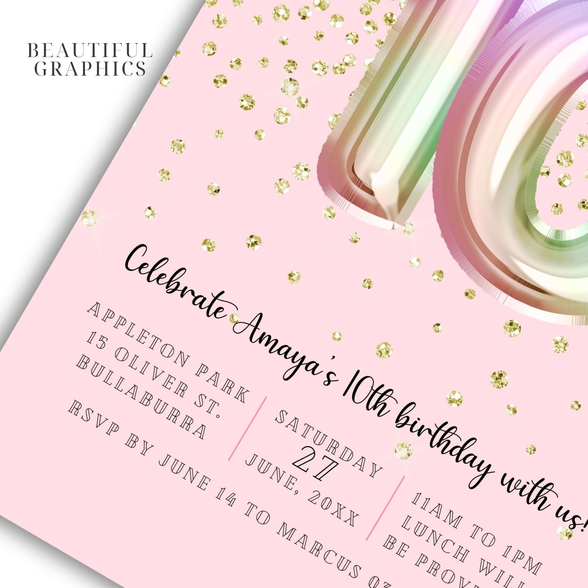 Girls 19th Birthday Party Invitation Template Teen Glitter Invite ...