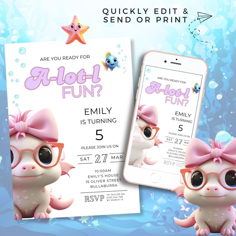 Axolotl Party Invitation, Axolotl Editable Birthday Invites, Axolotl ...