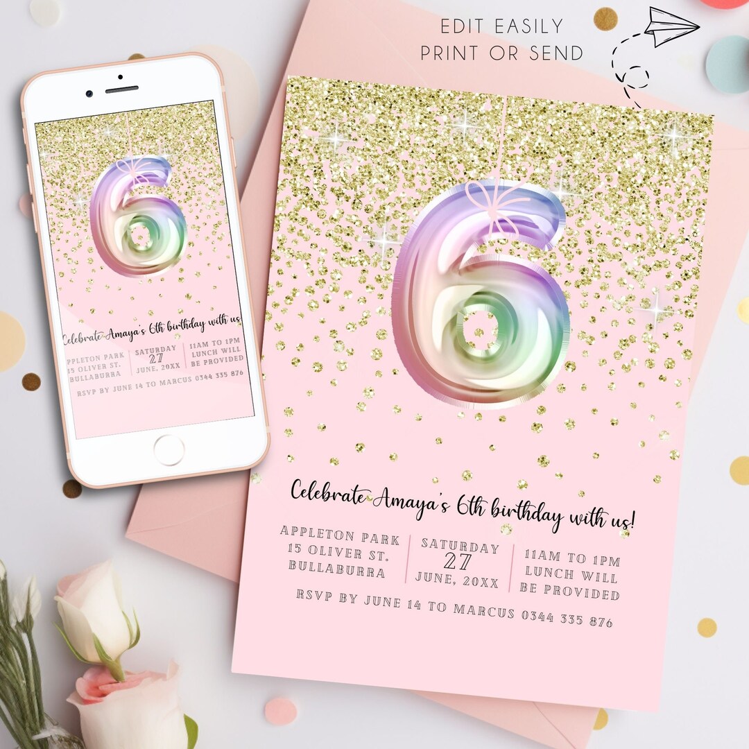 Girls 6th Birthday Invitation Template Glitter Party Invite Rainbow ...