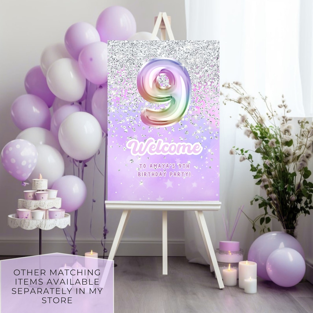 Welcome Sign 9th Birthday Party. Purple With Silver Glitter Poster ...