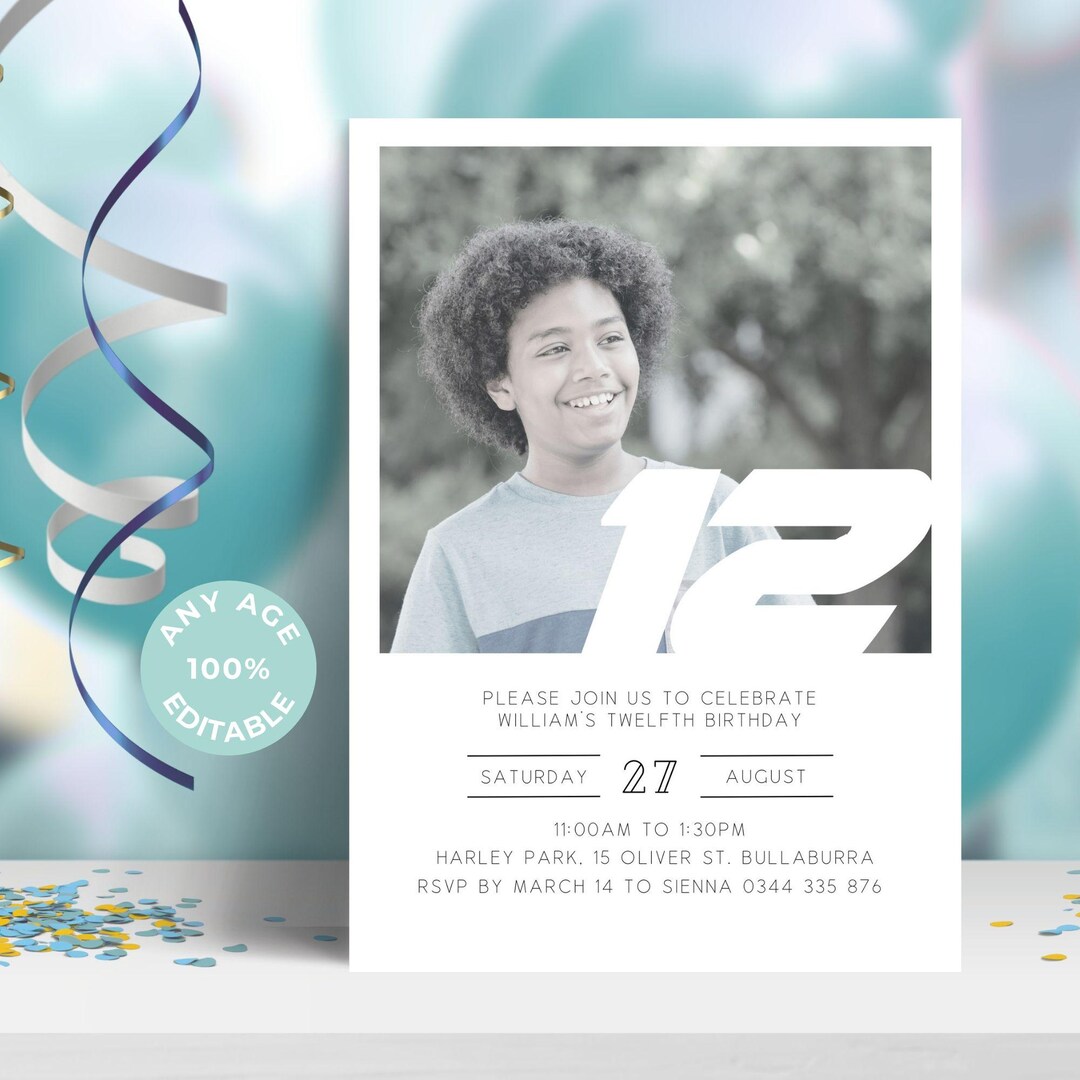 Boys 12th Birthday Invitation Photo Twelfth Bday Custom Template Party ...