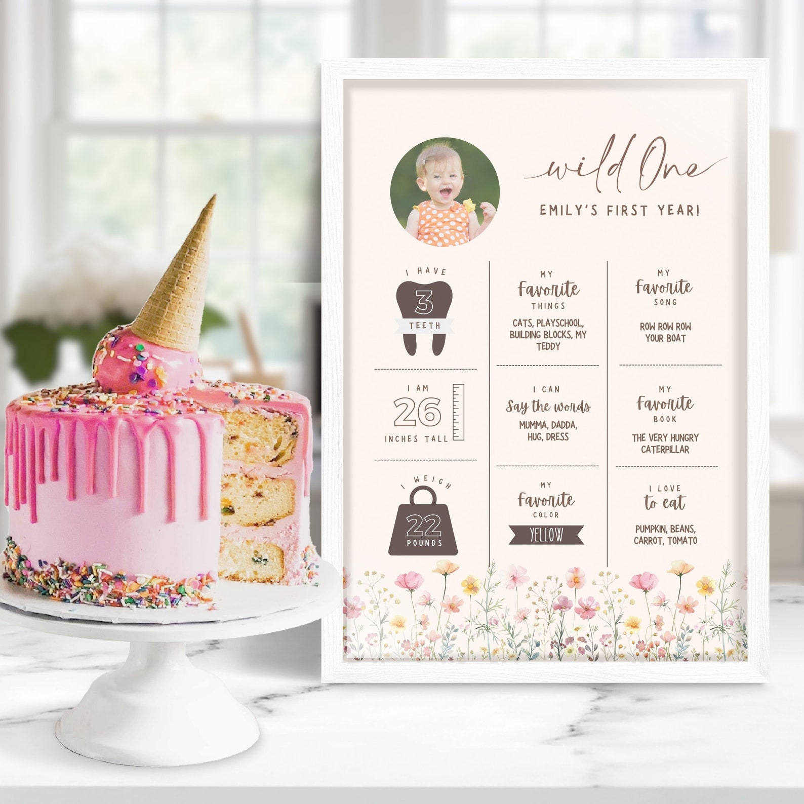 First Birthday Poster, Editable Wildflower First Birthday Milestone ...