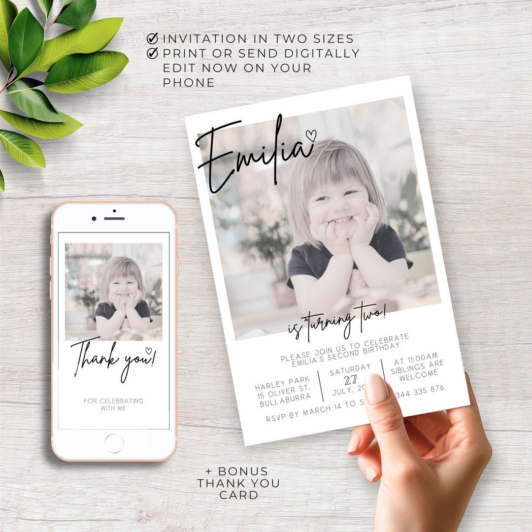 Girls 2nd Birthday Invitation Photo Second Bday Personalised Template ...