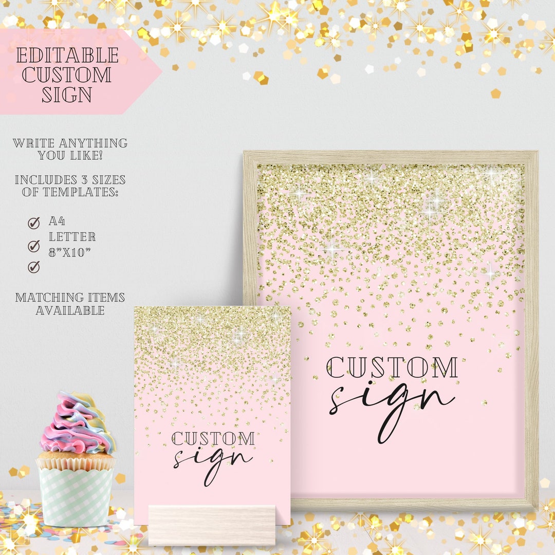 Custom Party Sign Poster, Pink Gold Glitter for Girls Birthday. Pretty ...