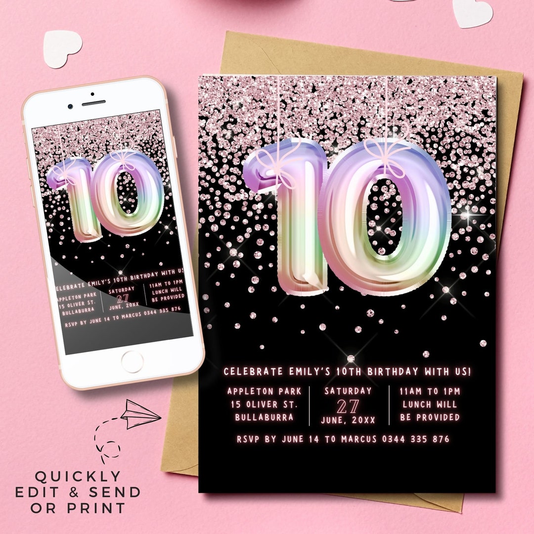 Girls 10th Birthday Invitation Template Glitter Party Invite Rainbow ...