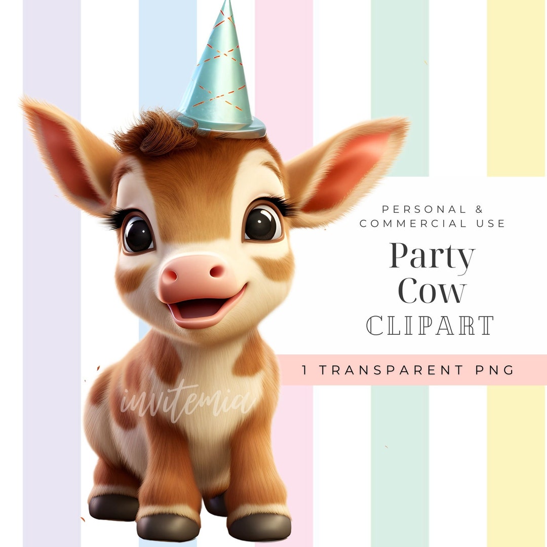 Cow in Party Hat Farm Birthday Clipart, Quirky Calf, Farm Animal ...