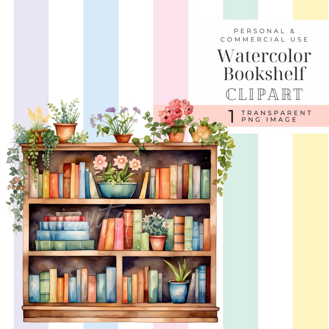 Bookshelf Image, Book Border Clipart, Watercolor Winter Reading ...