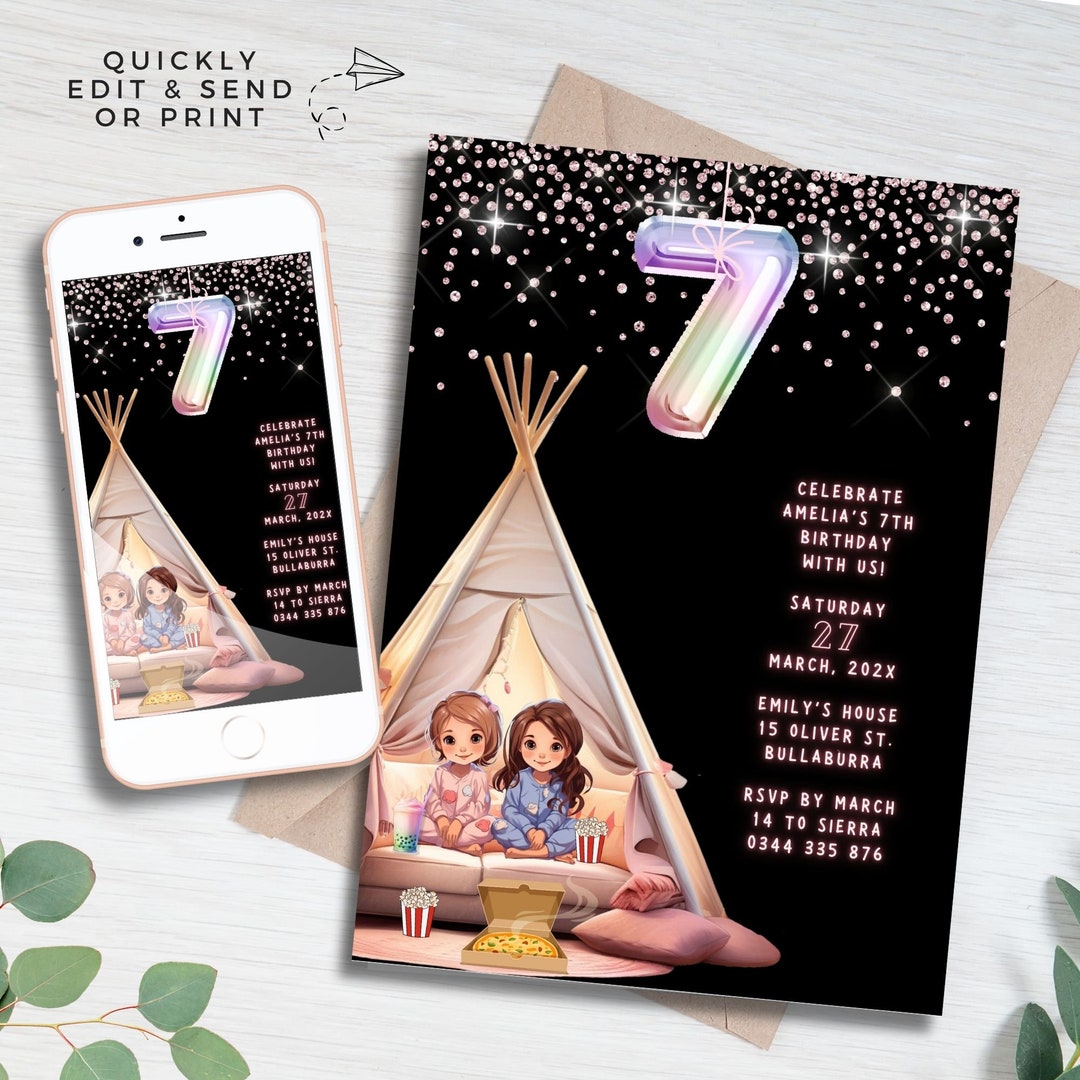 Girls 7th Birthday Invitation Template Glitter Party Invite Rainbow ...