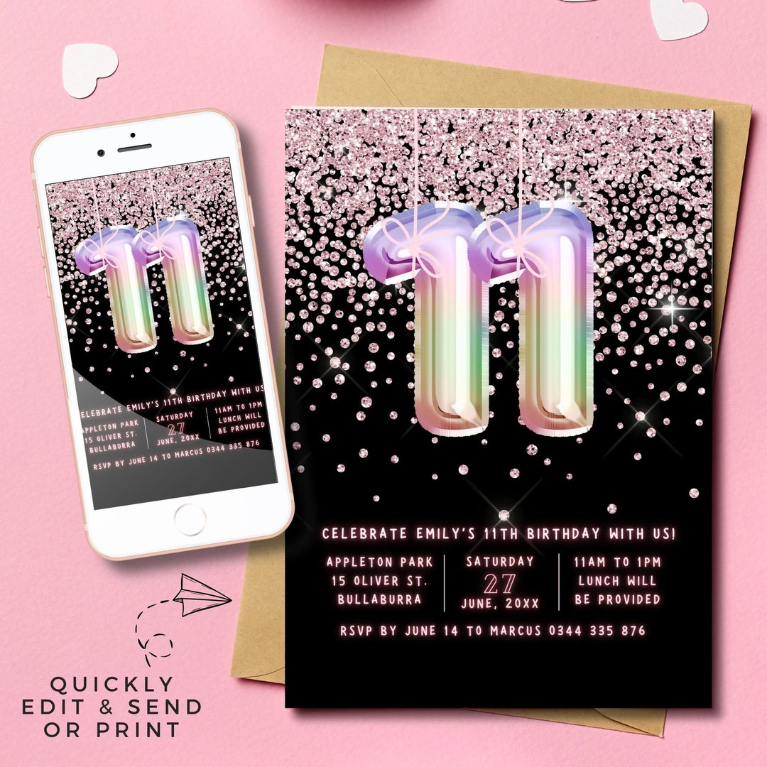 Girls 11th Birthday Invitation Template Glitter Party Invite Rainbow ...