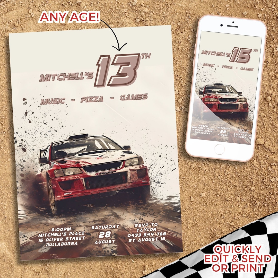 Rally Car Teenage Boy Party Invitation, Boys Race Car Invite Level up ...