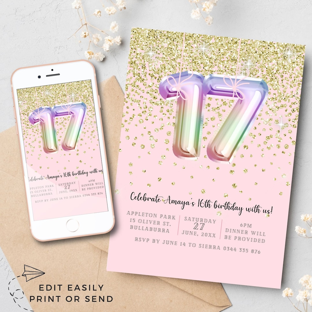 Girls 17th Birthday Invitation Template Teen Glitter Party Invite ...