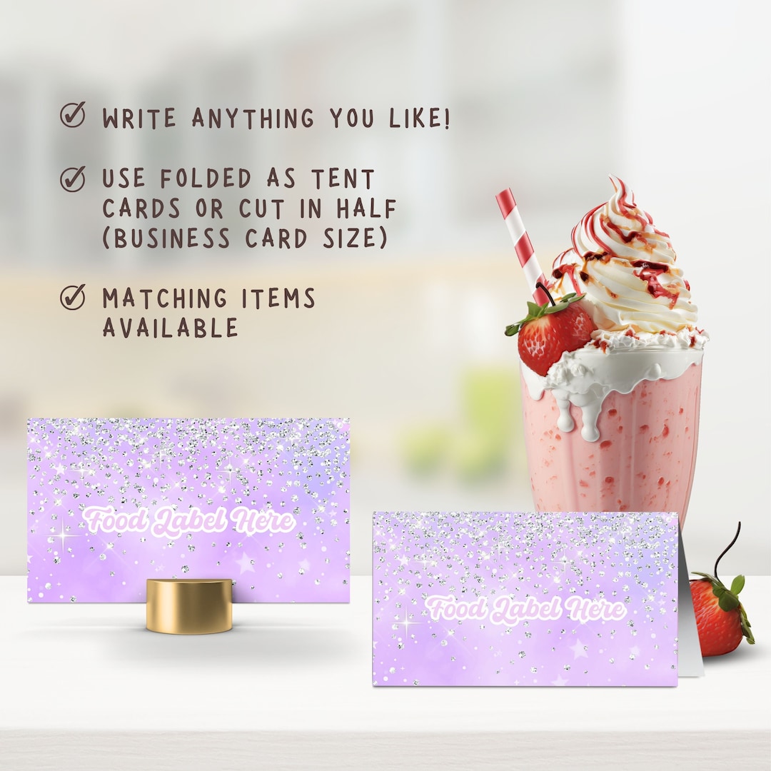 Girls Party Food Label Cards or Place Cards for Tween or Teen. Purple ...