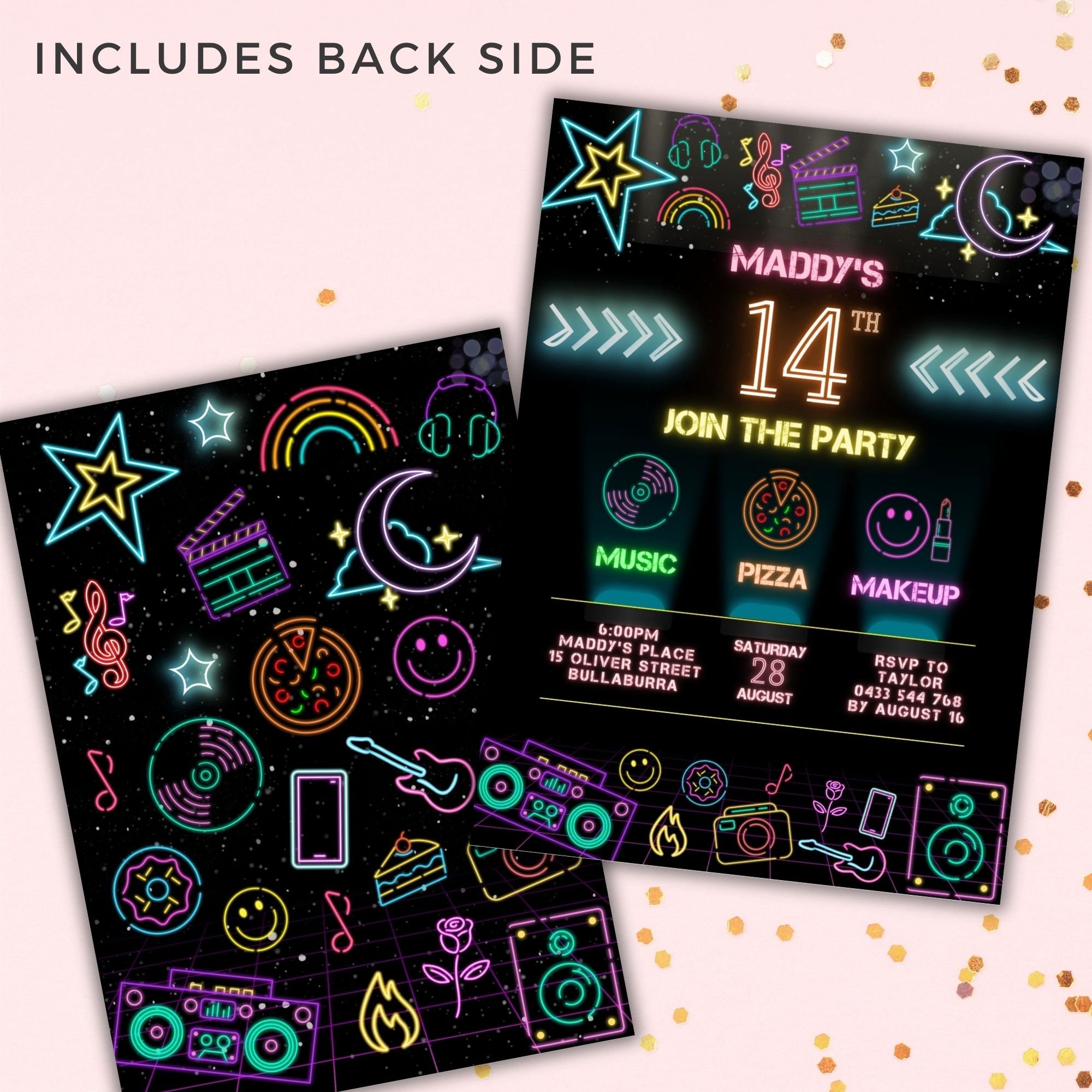 Editable Neon Teenage Girl Party Invitation Slumber Party Video Game ...