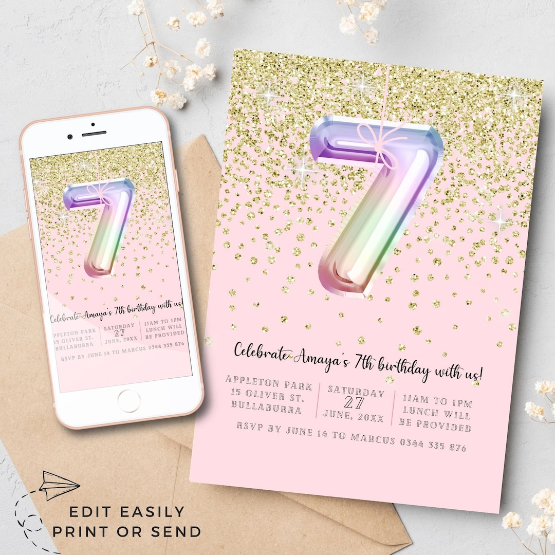 Girls 7th Birthday Invitation Template Glitter Party Invite Rainbow ...