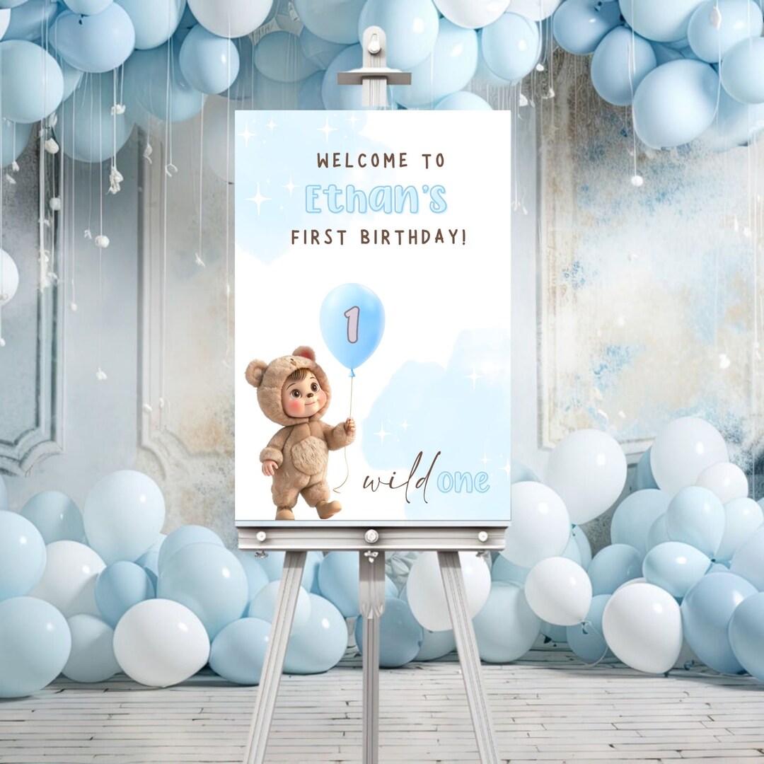 Boy First Birthday Welcome Poster Wild One Blue Bear With Balloon ...