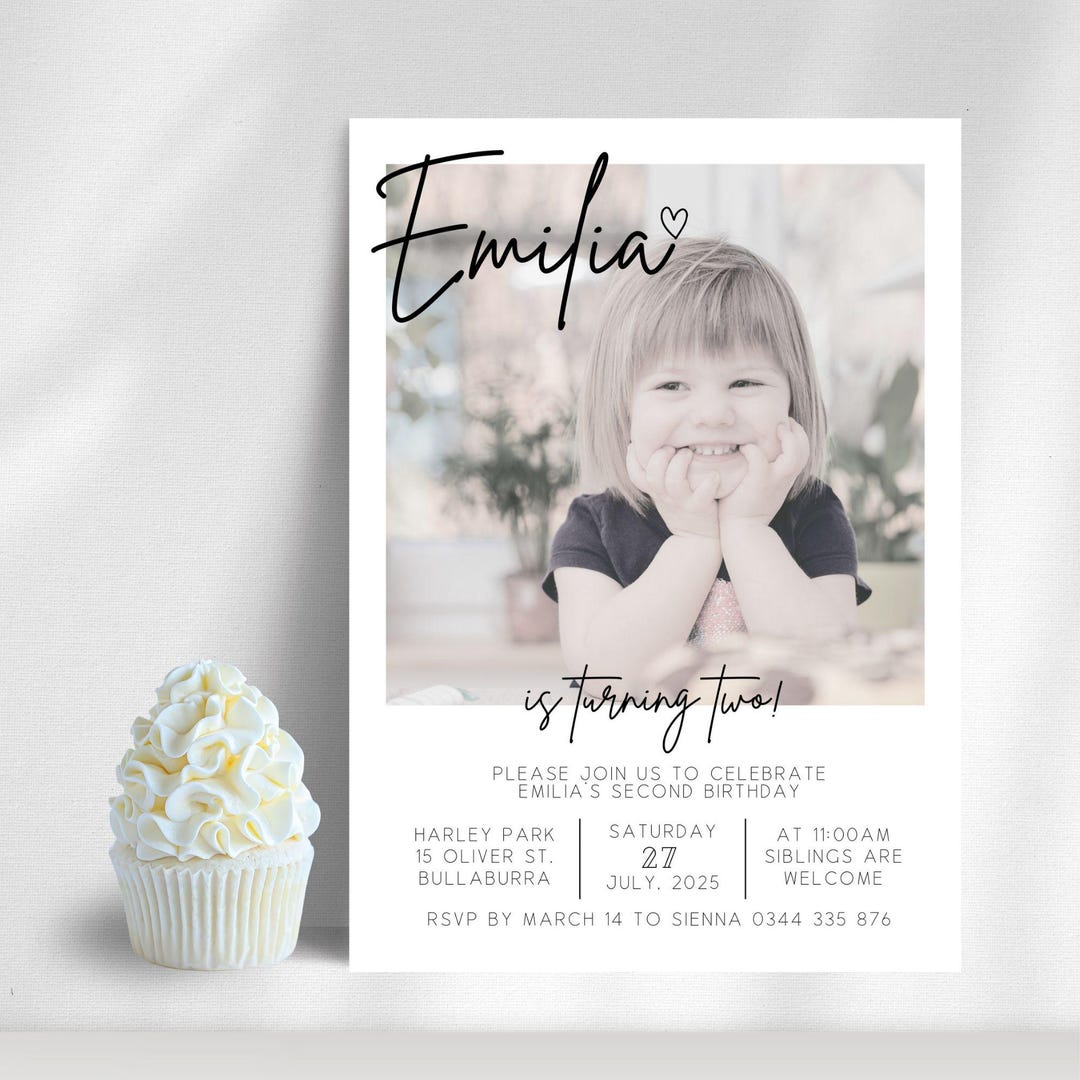 Girls 2nd Birthday Invitation Photo Second Bday Personalised Template ...