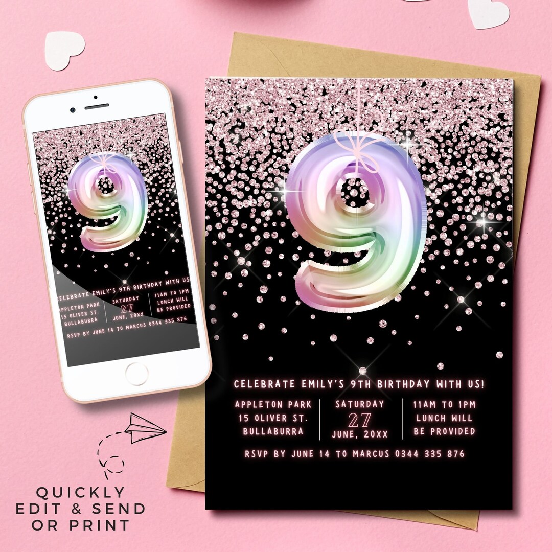 Girls 9th Birthday Invitation Template Glitter Party Invite Rainbow ...