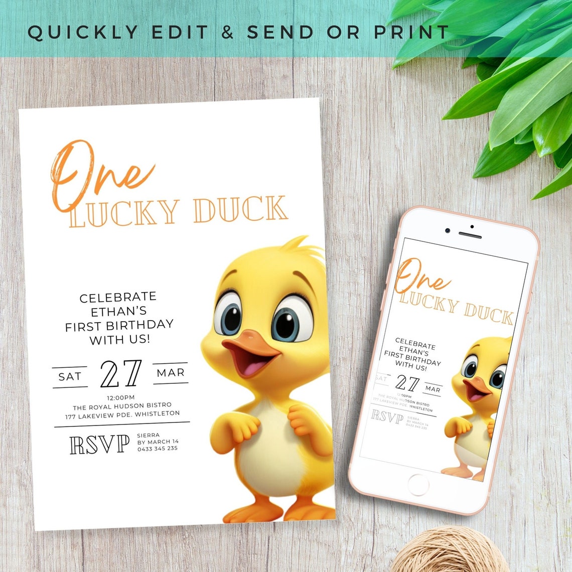 One Lucky Duck Invitation, Cute First Birthday Invite, Mallard Duck ...