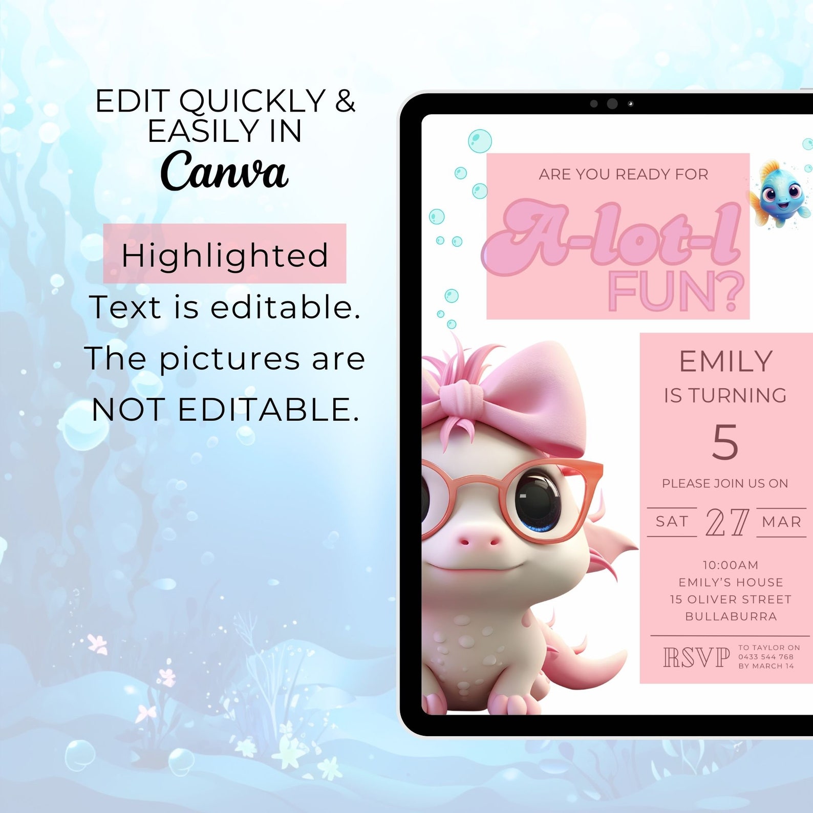 Axolotl Party Invitation, Axolotl Editable Birthday Invites, Axolotl ...