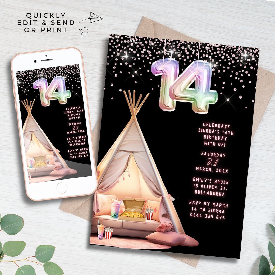 Girls 14th Birthday Invitation Template Glitter Party Invite Rainbow ...