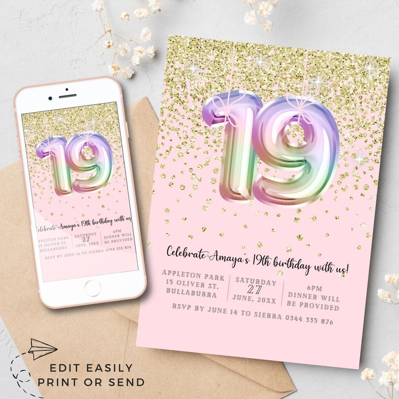 Girls 19th Birthday Party Invitation Template Teen Glitter Invite ...