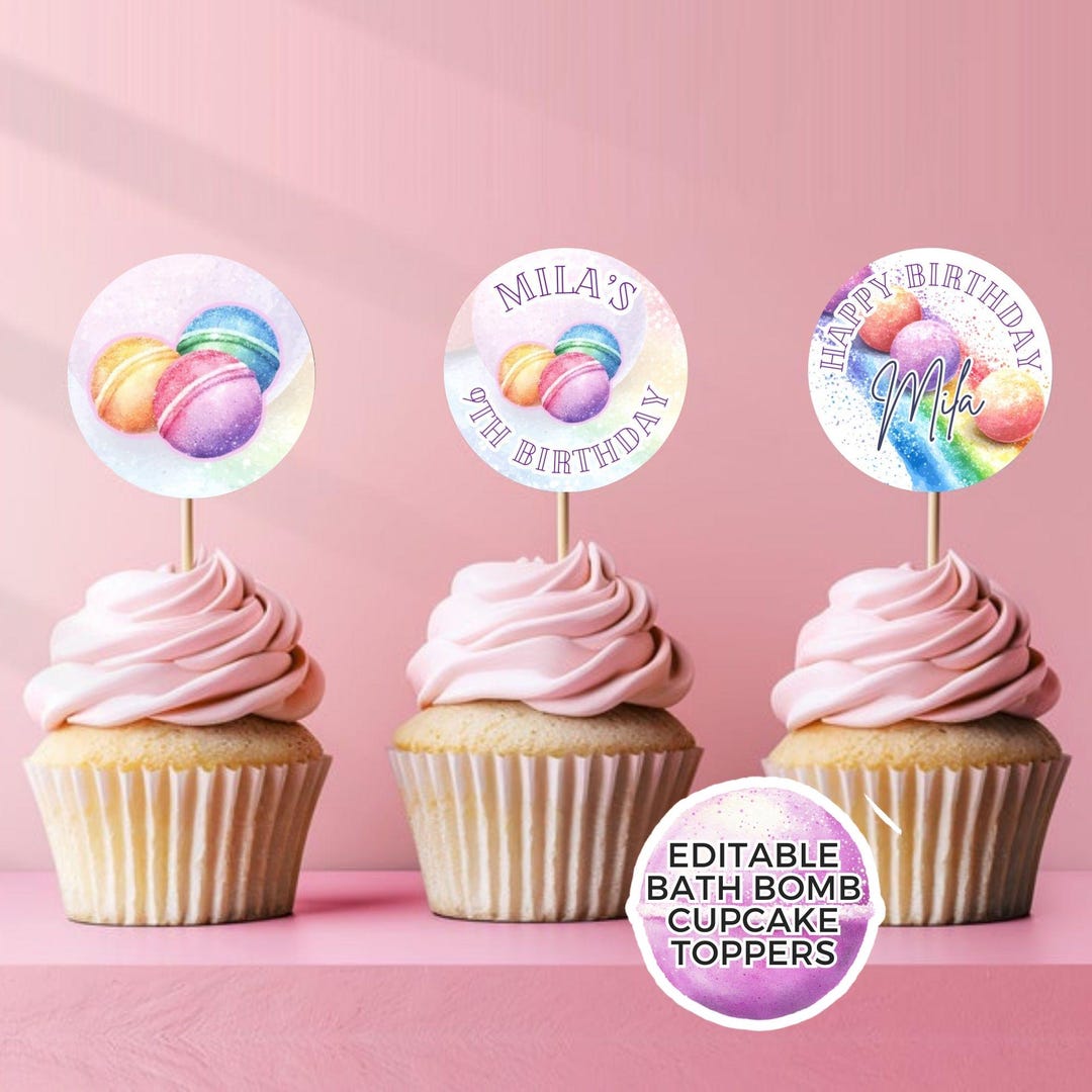 Bath Bomb Party Cupcake Toppers. Editable Rainbow Watercolor Cake ...