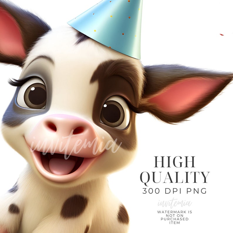 Farm Birthday Clipart, Cow in Party Hat, Quirky Cow, Farm Animal ...