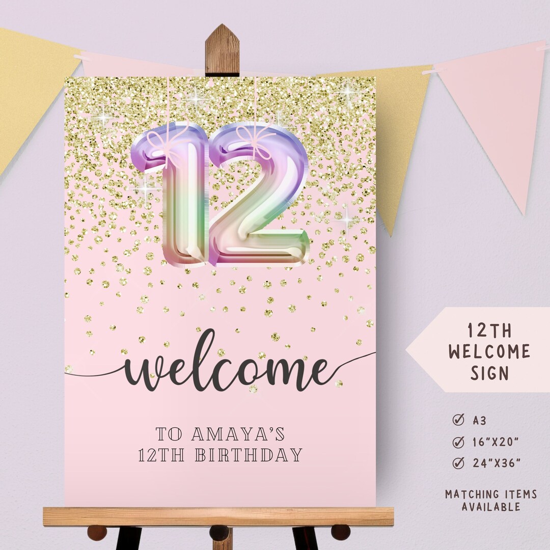 Welcome Sign 12th Birthday Party. Pink With Gold Glitter Poster Board ...