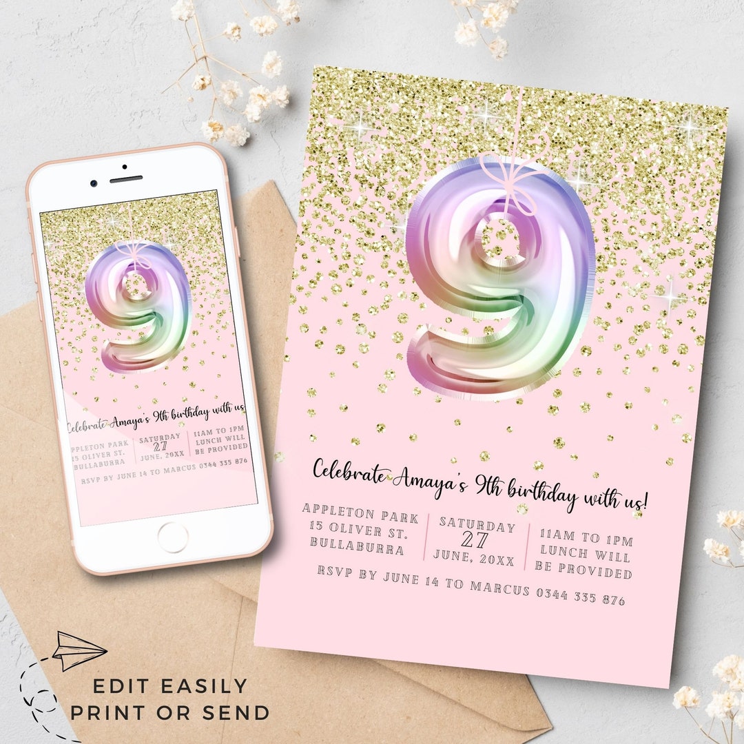 Girls 9th Birthday Invitation Template Glitter Party Invite Rainbow ...