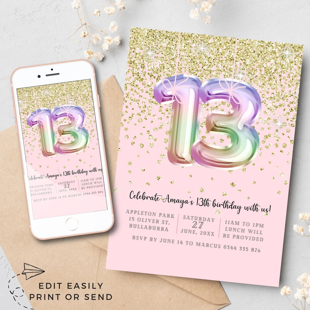 Girls 13th Birthday Invitation Template Teen Glitter Party Invite ...