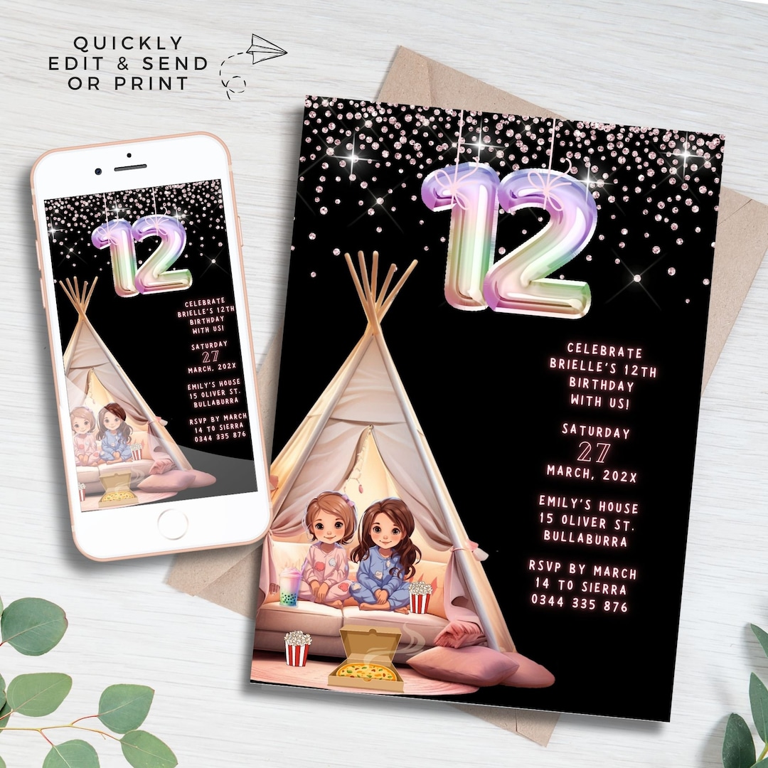 Girls 12th Birthday Invitation Template Glitter Party Invite Rainbow ...