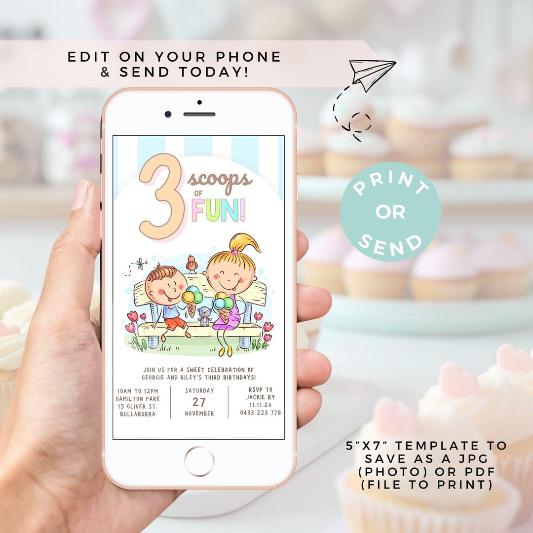 Three Scoops of Fun Invite Boy Girl Editable Ice Cream 3rd Birthday ...