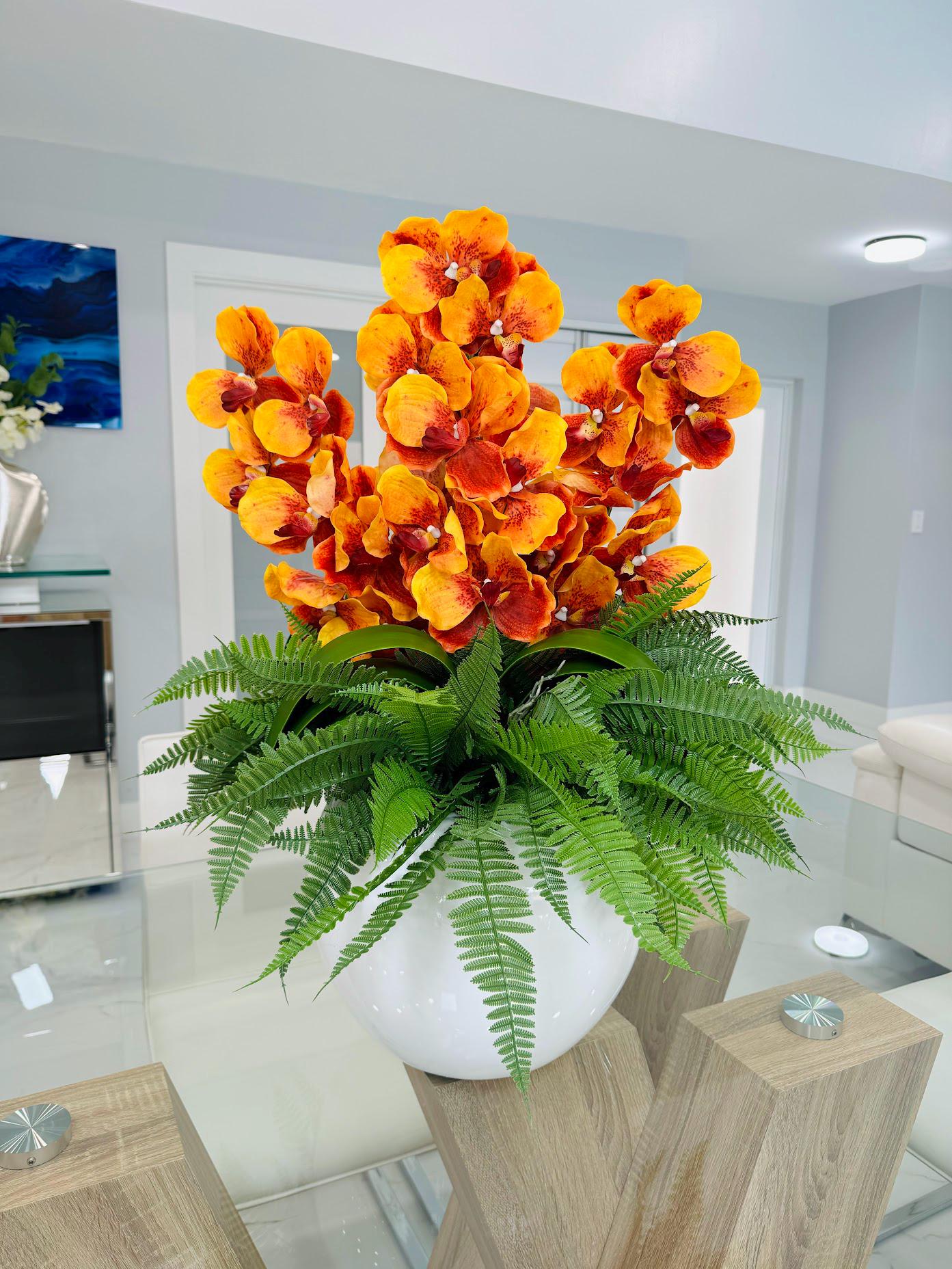 Silk Vanda Orchid Arrangement: Elegant Floral Centerpiece in White Vase ...