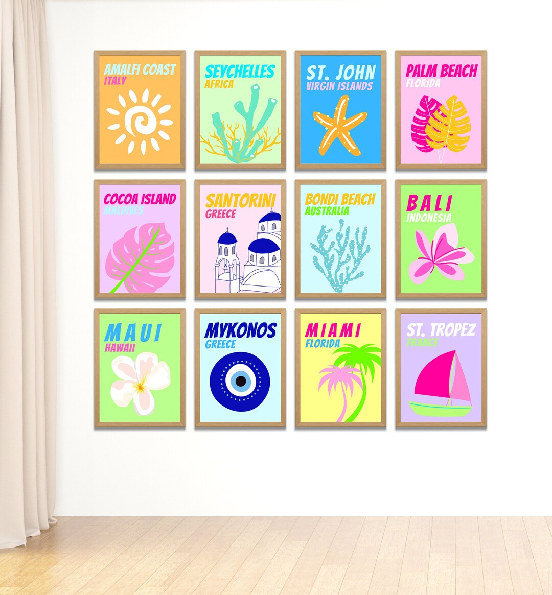World Travel Destination Set of 12 Prints, Preppy Room Decor, Tropical ...