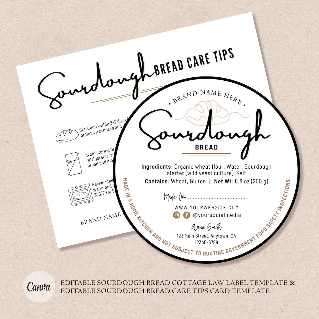 Sourdough Bread Cottage Food Label | Sourdough Bread Care Card | Home ...