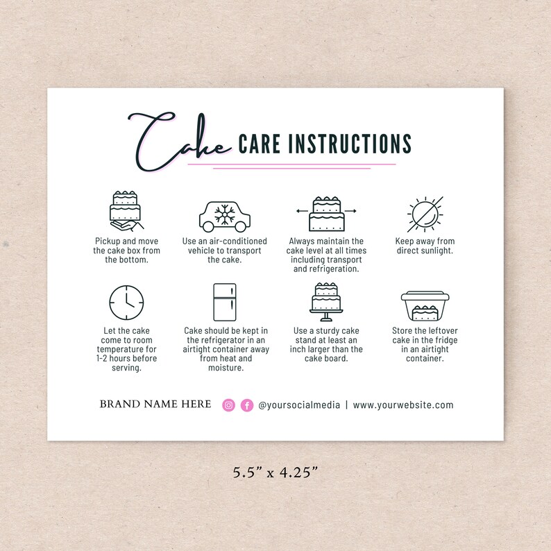 Cake Care Card Template | Editable Cake Cutting Guide Cards | Bakery ...
